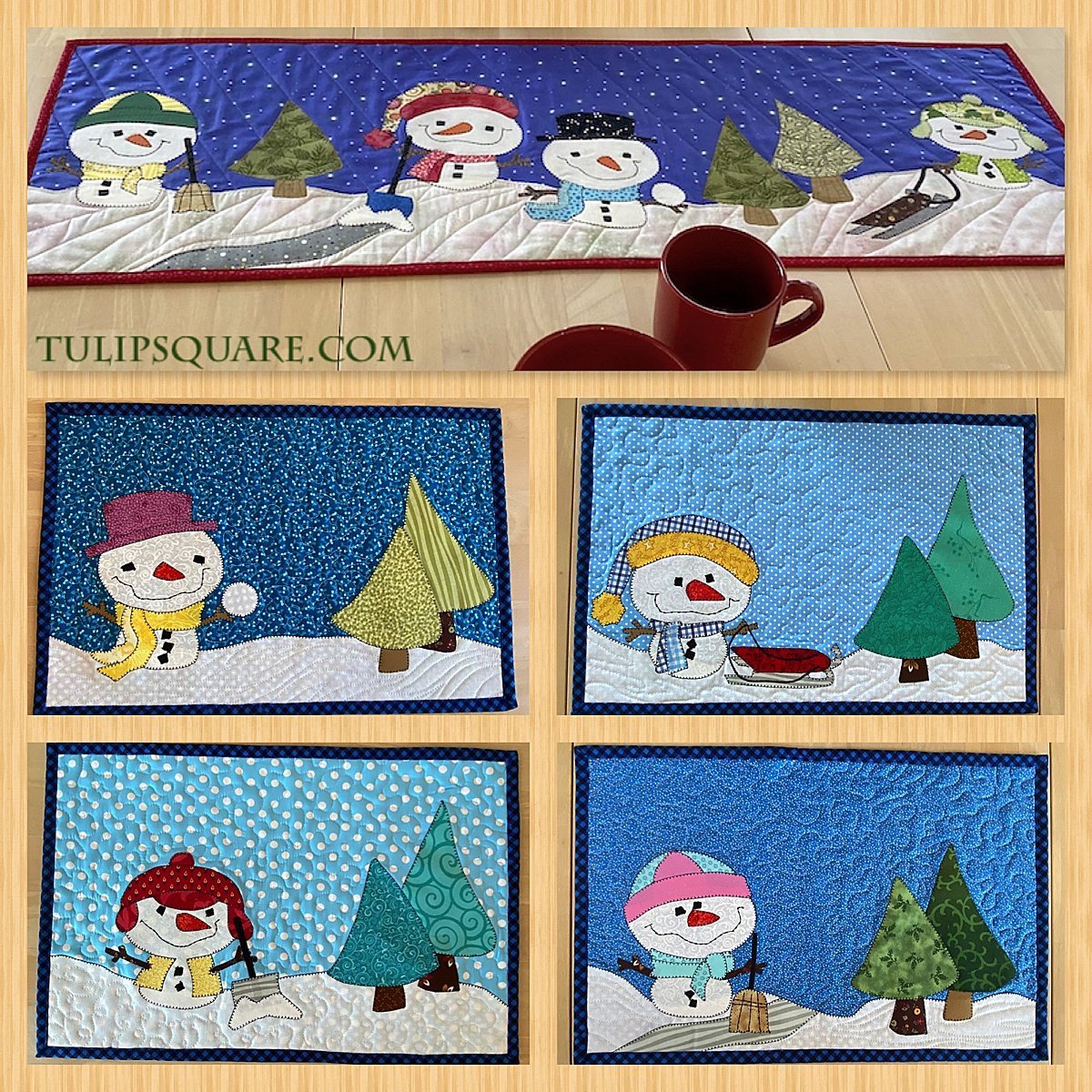Two cute snowman winter appliqué patterns - Placemats and table runner ...